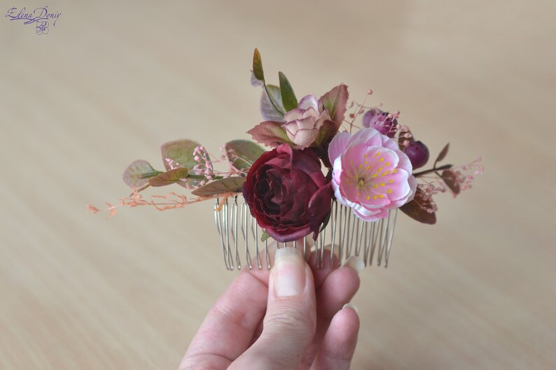Pink Burgundy Flower Comb, Floral Hair Piece Spring, Flower Comb ...