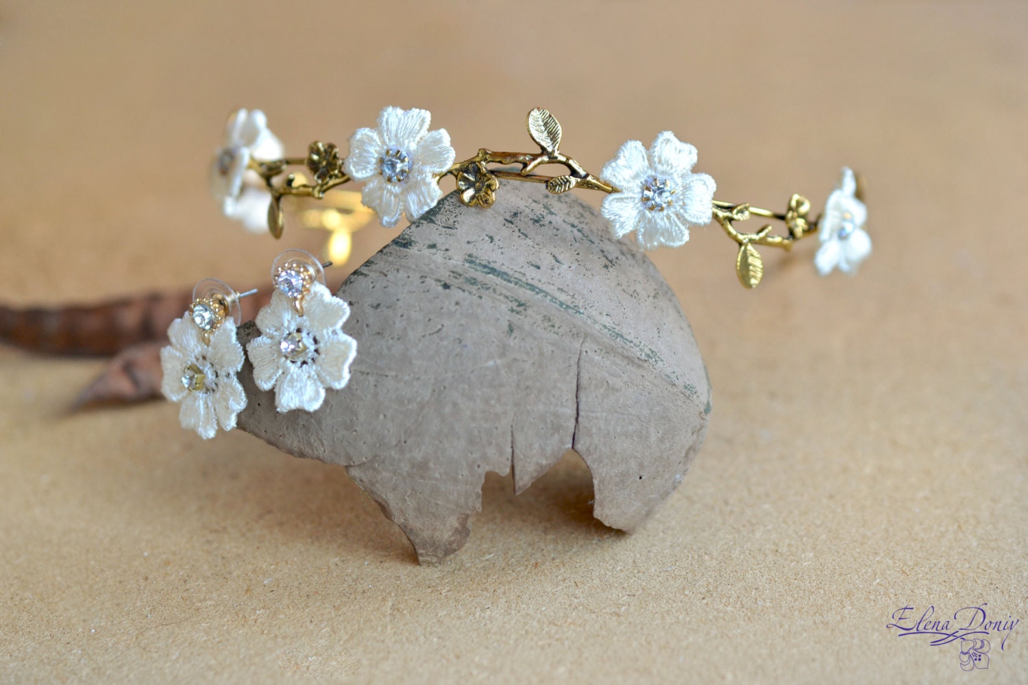 Lace ivory crown bridal jewelry Set Romantic wedding Lace | Etsy