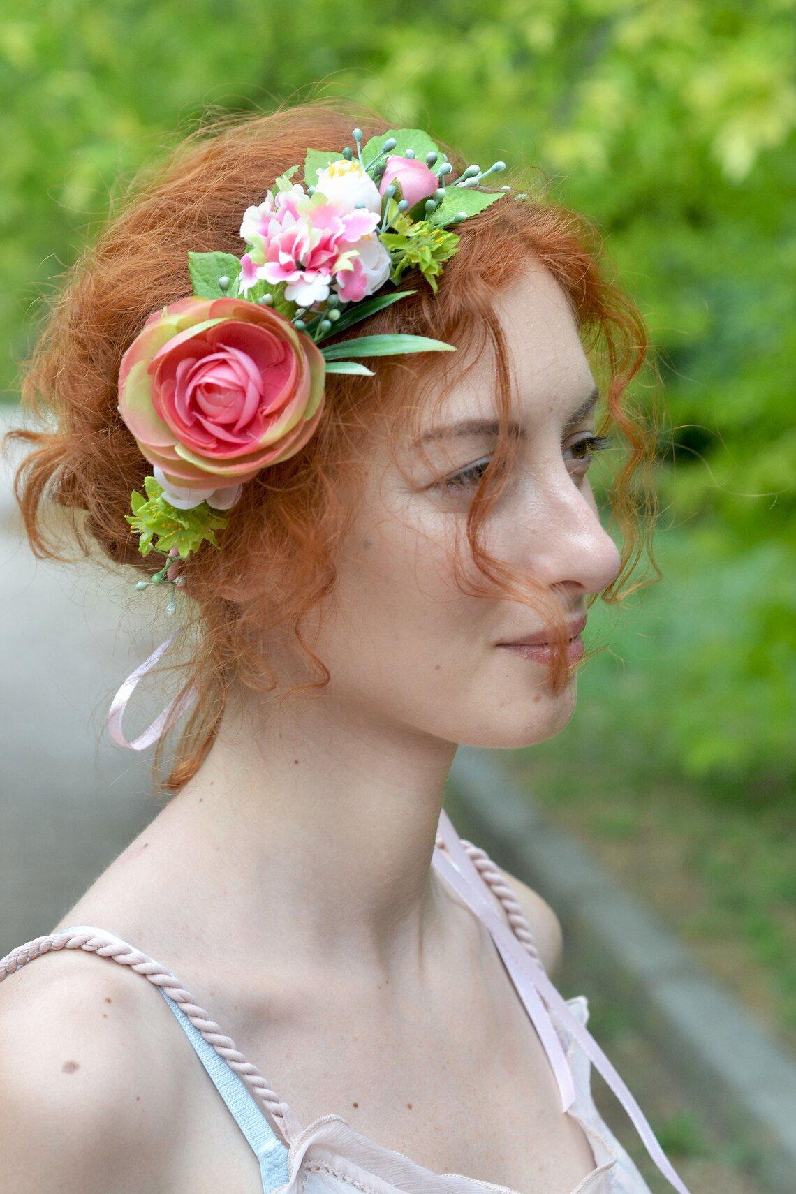 Pink Flower Crown Wedding Headband Ranunculus Head Wreath | Etsy