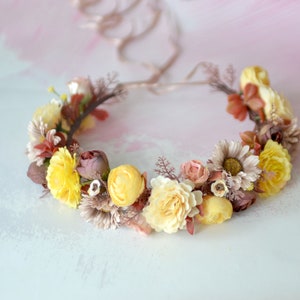 Beige Mustard Yellow Crown,boho Wedding Flower Crown,autumn Bride ...