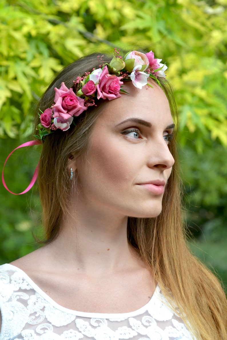 Pink Bridal Flower Crown Boho Wedding Hair Wreath Floral Crown - Etsy