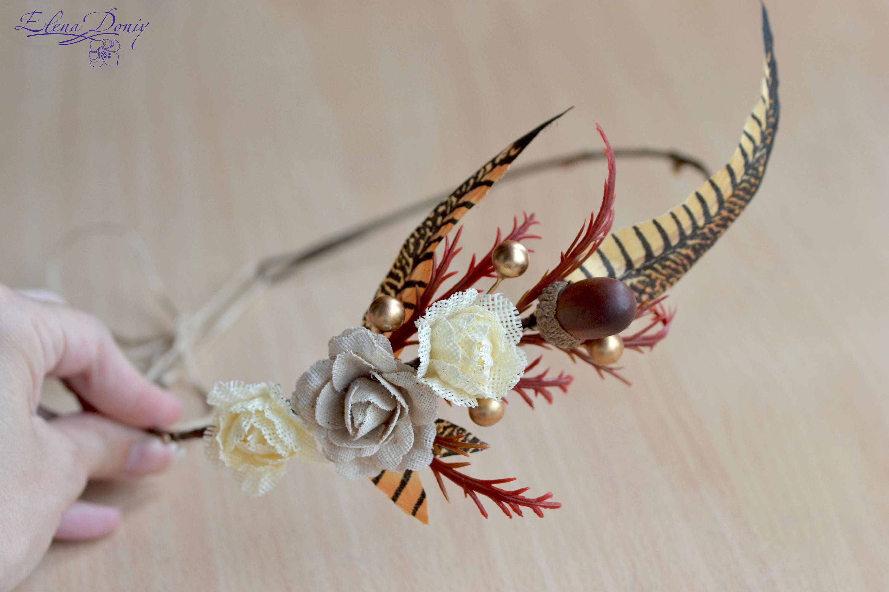 Flower crown Burlap head wreath Boho hair accessory acorn | Etsy