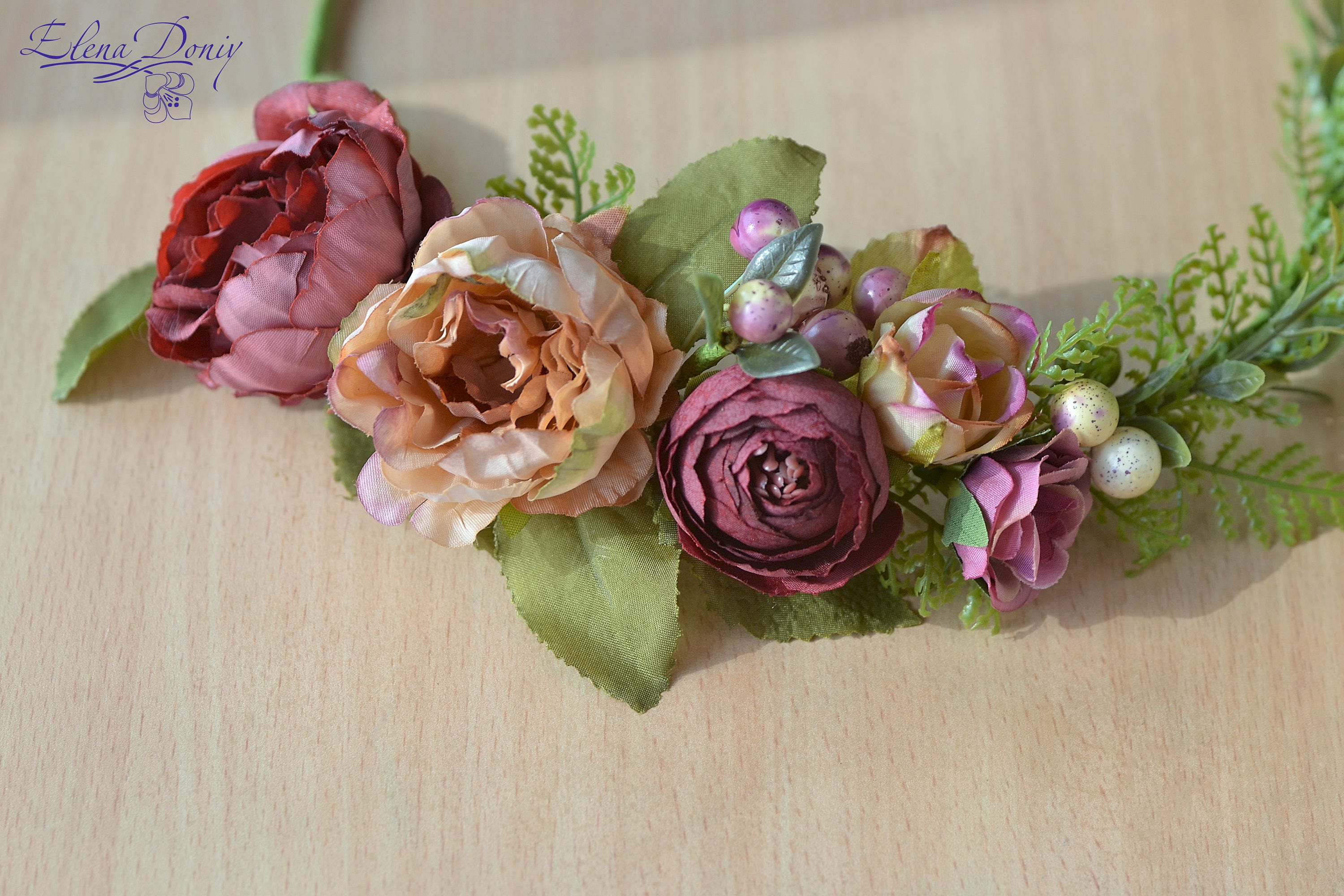 Burgundy Beige Crown Flower Greenery Burgundy Crown Woodland | Etsy