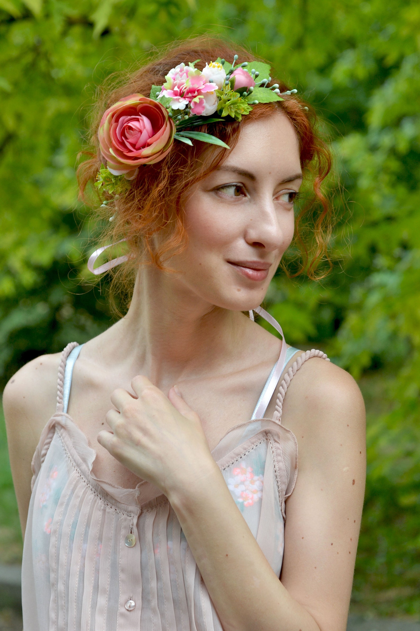 Pink Flower Crown Wedding Headband Ranunculus Head Wreath Bride Crown ...