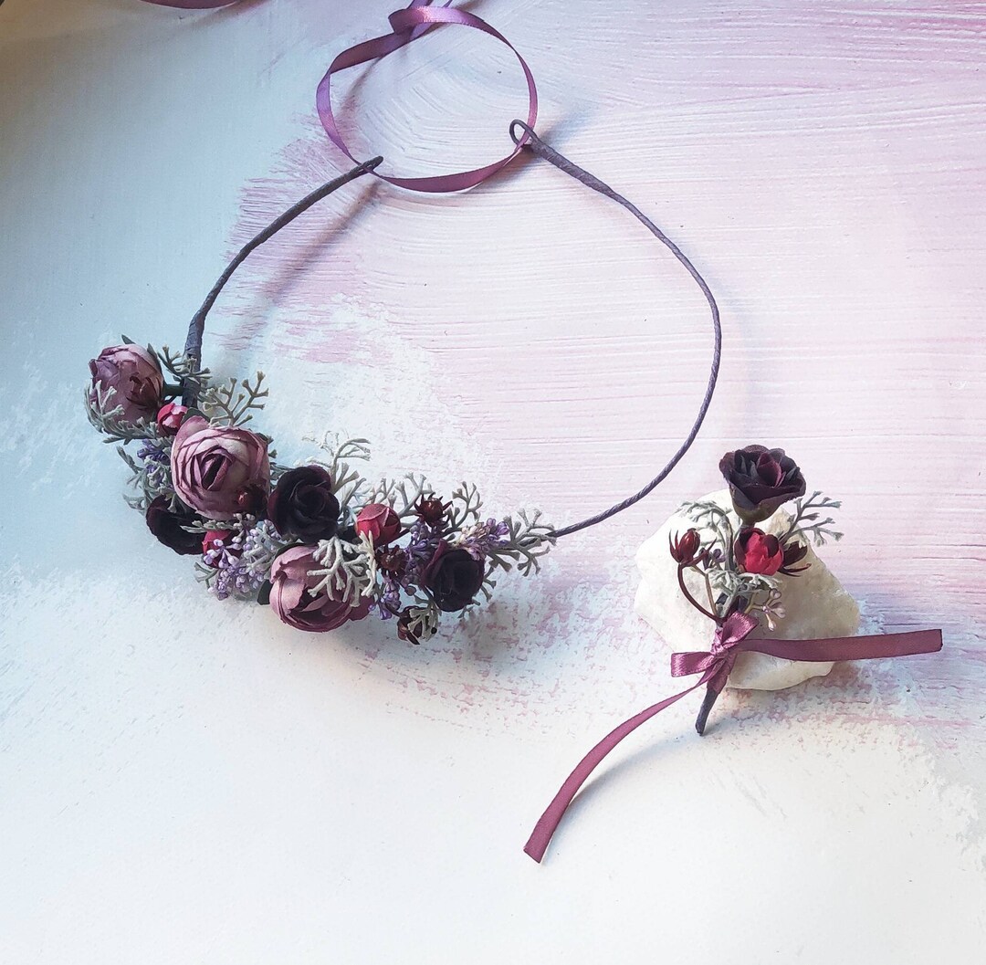 Purple Burgundy Flower Crown Bridal Set Crown Boutonniere Burgundy ...