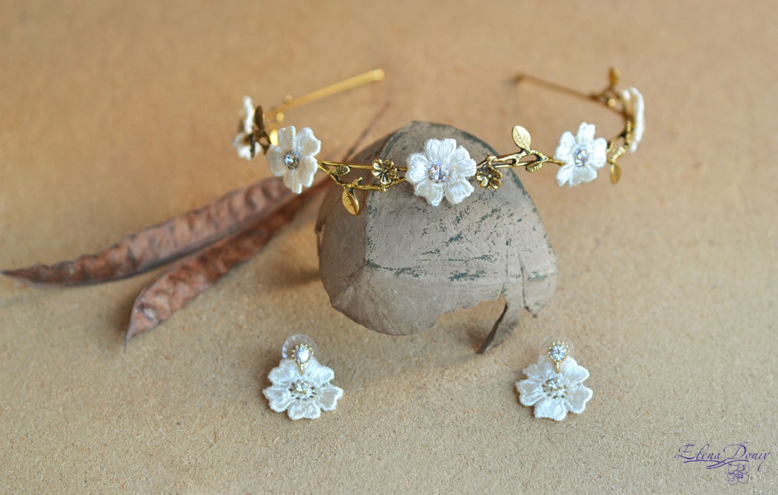 Lace ivory crown bridal jewelry Set Romantic wedding Lace | Etsy
