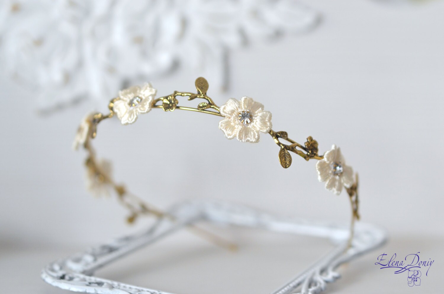 Lace Ivory Crown Bridal Jewelry Set Romantic Wedding Lace Ivory Flowers ...