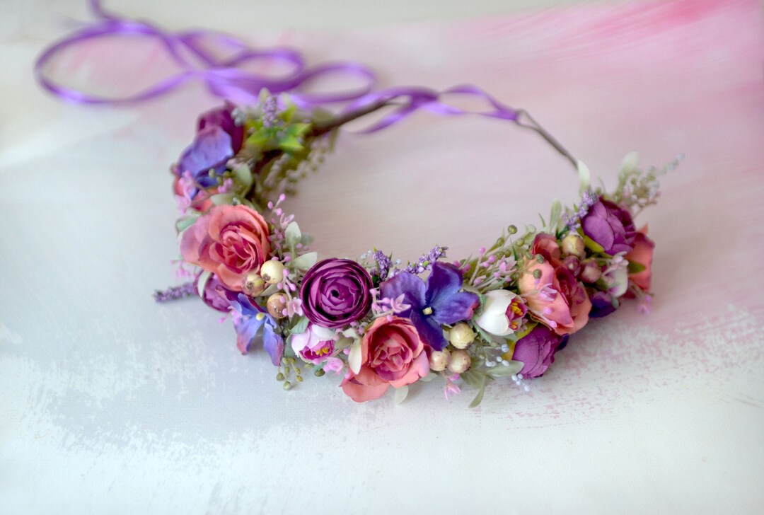 Purple Wedding Crown,deep Purple Wedding Wreath,boho Crown,floral Hair ...