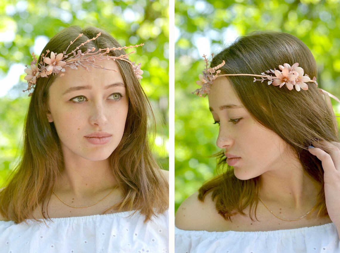 Rustic Crown Bridal Beige Floral Crown Branches Head Piece Elven ...