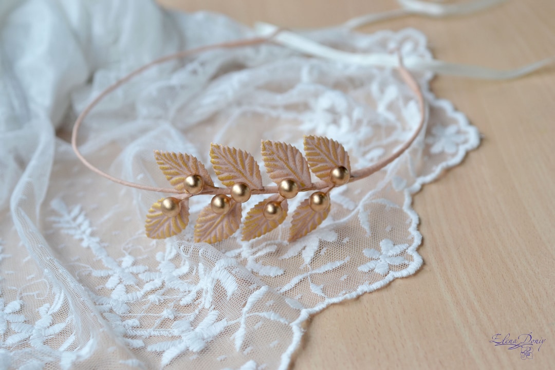 Wedding Crown Peach Bridal Headband Leaves Gold Crown Greek - Etsy