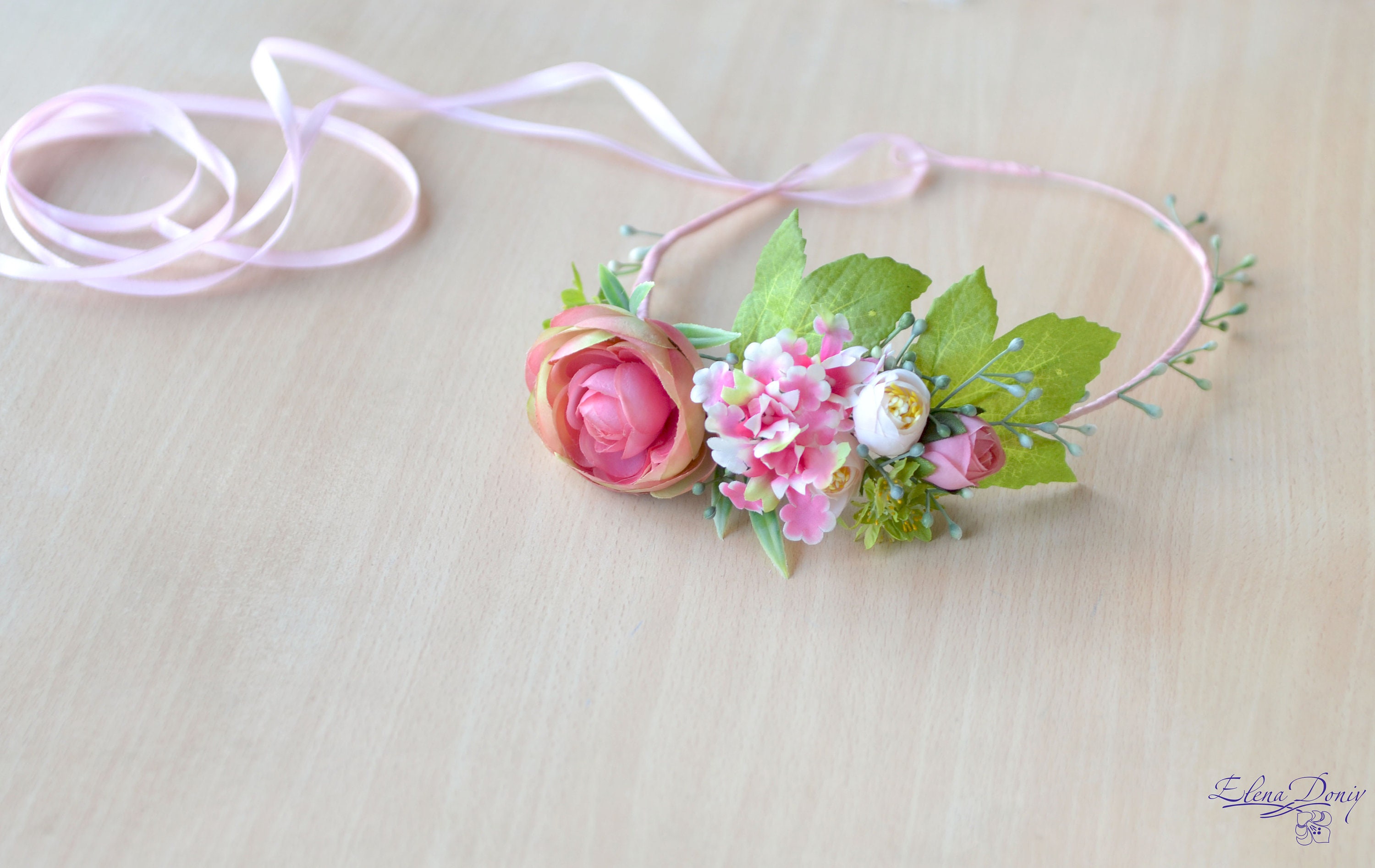 Pink Flower Crown Wedding Headband Ranunculus Head Wreath Bride Crown ...