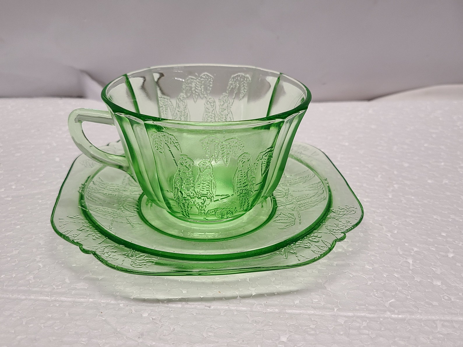 Green Parrot Depression Glass Cup and Saucer Set - Etsy