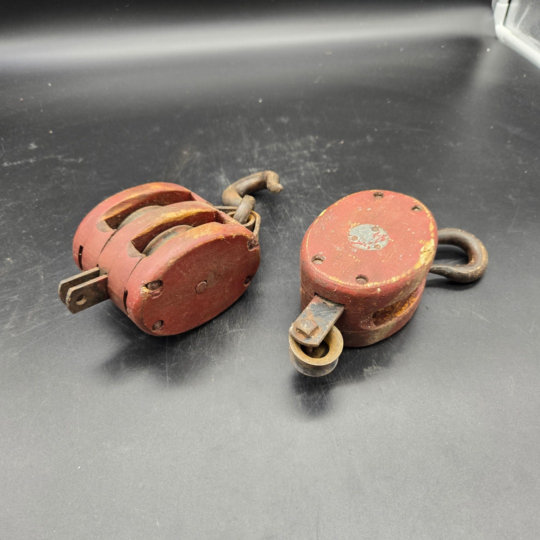 Pair of Antique Wood and Metal Pulleys 1 Wheel and 2 Wheel in Red Paint ...