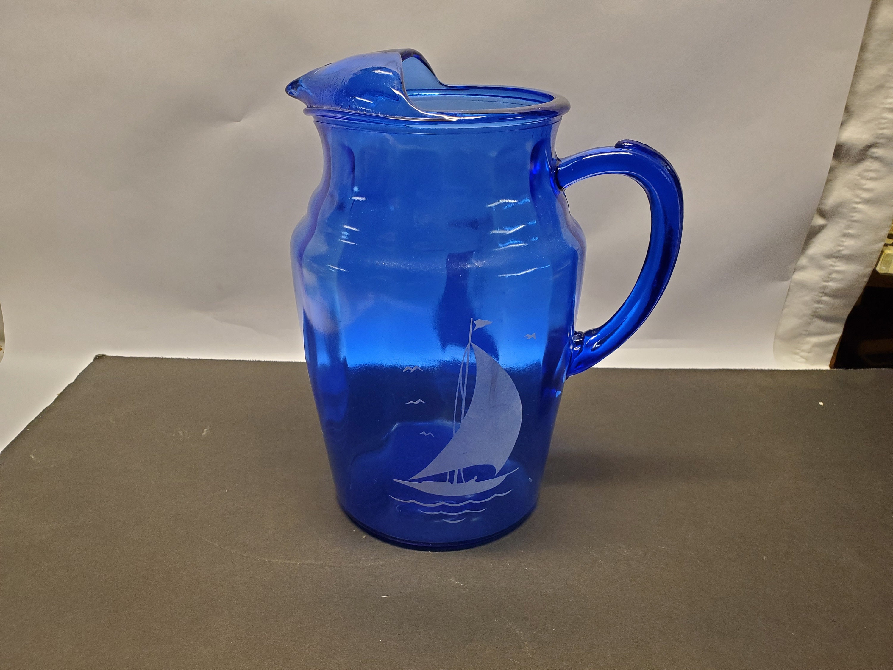 Vintage Cobalt Blue Sportsman Series Water Pitcher With White Sailboats ...