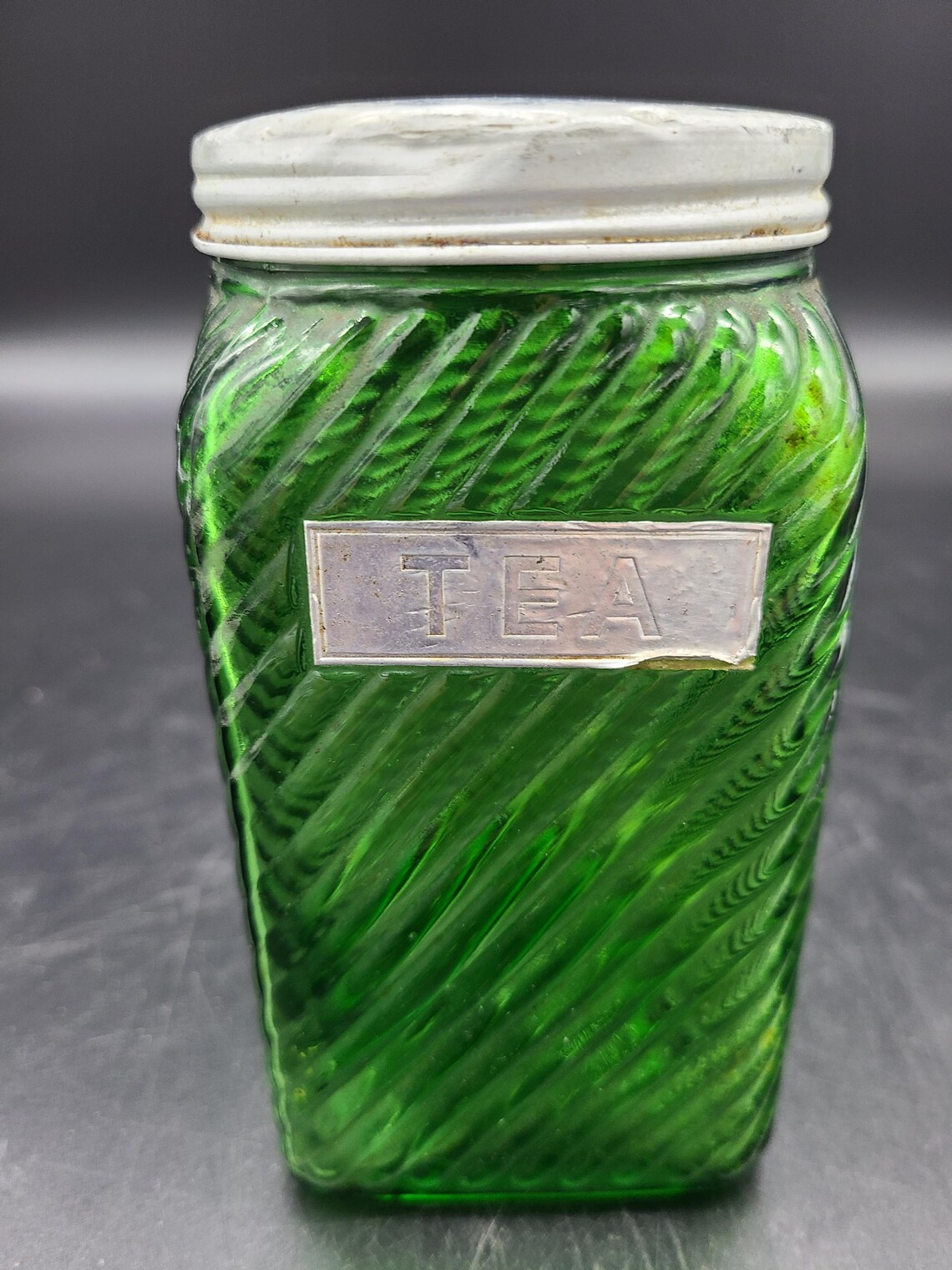 Green 5 1/4" Tall Tea Jar With Diagonal Lines. Made by Owens-illinois ...