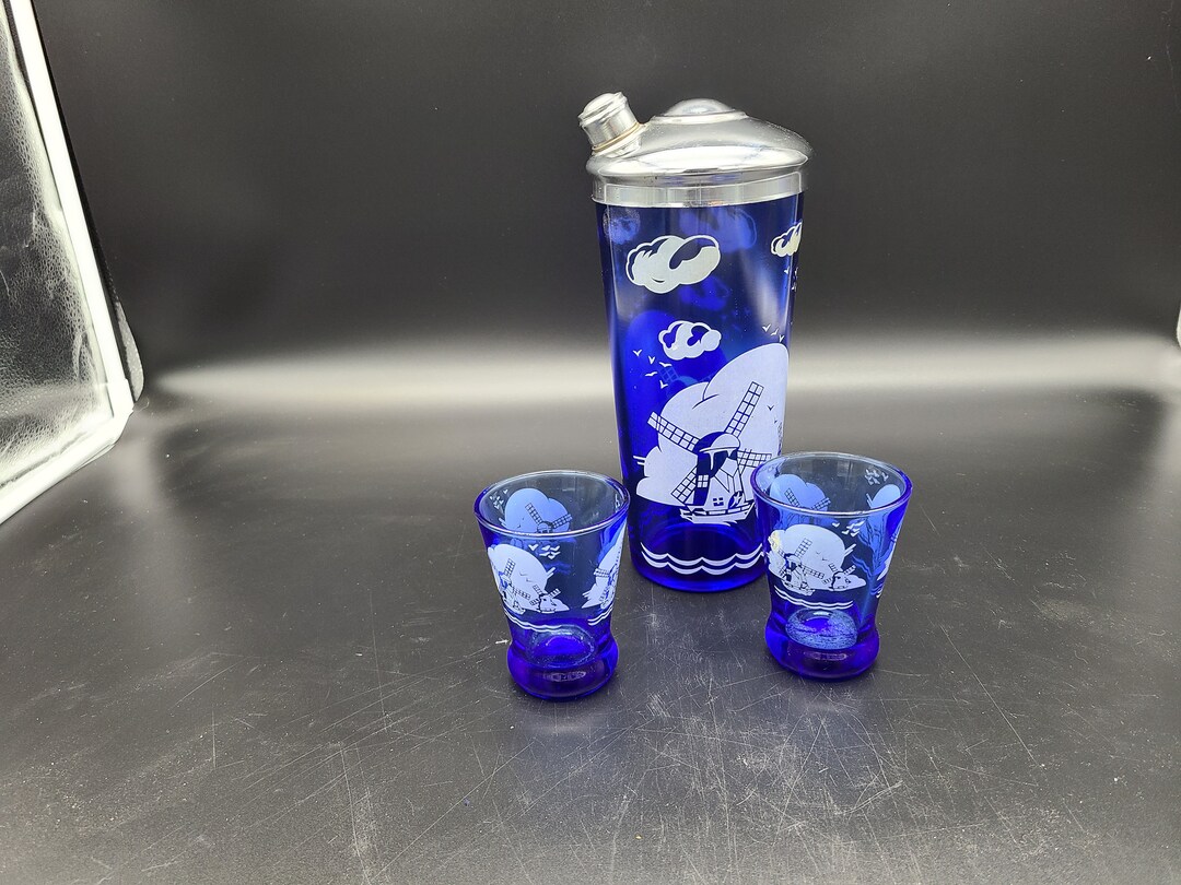 Cobalt Blue Windmill Cocktail Shaker W/ Cover and 2 Glasses - Etsy