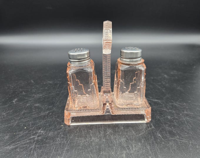 Pair of Pink Skyscraper Depression Glass Salt Pepper Shakers W/ Caddy ...