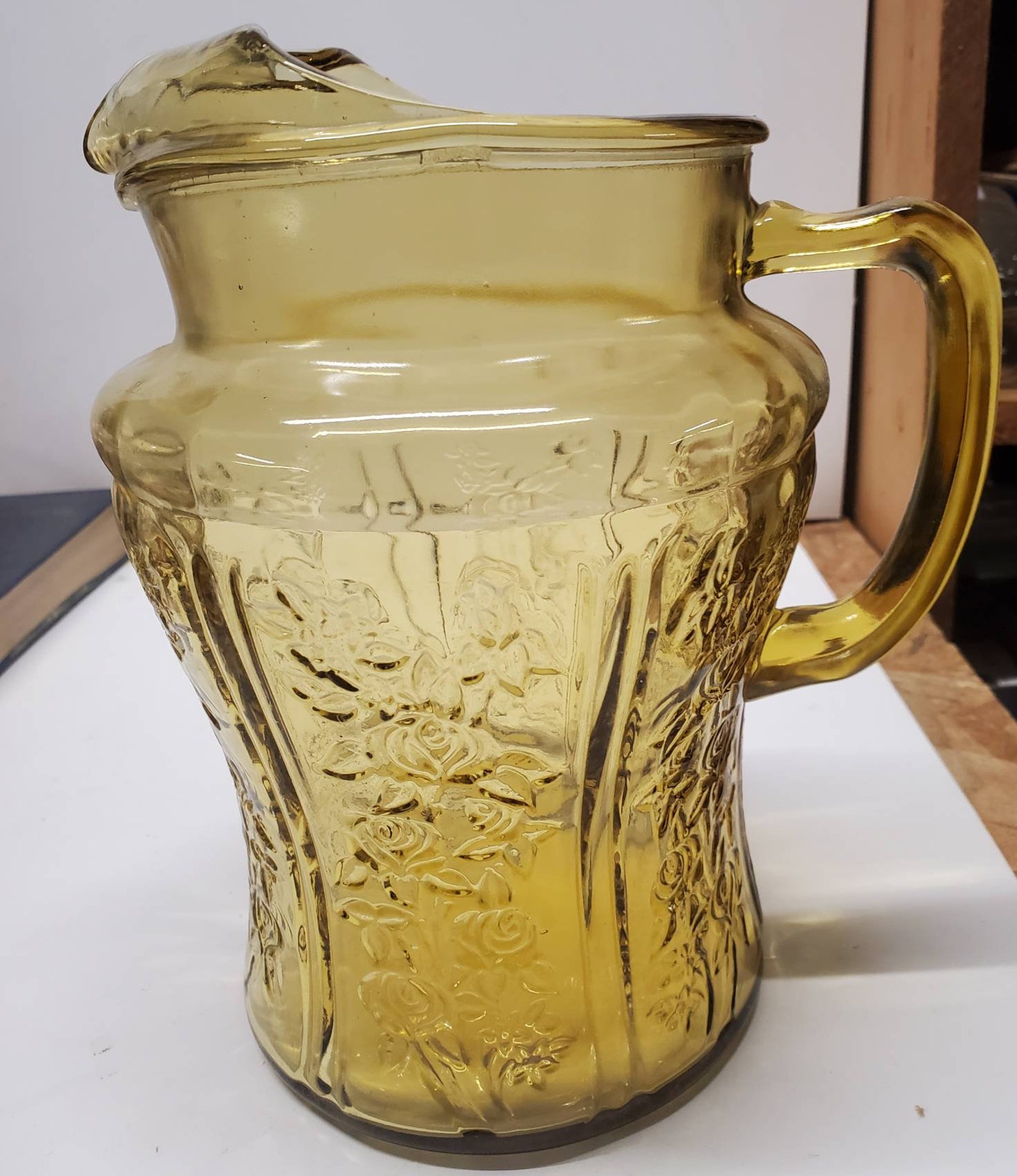 Amber Sharon Cabbage Rose Depression Glass Pitcher W/ Ice Lip 9". Read ...