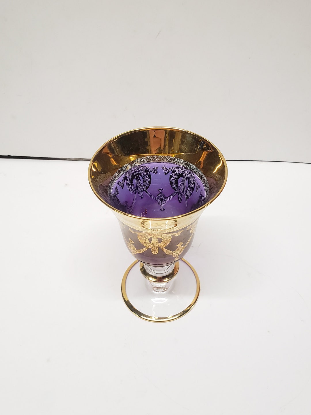 Vintage Interglass Italy Crystal 24K Gold Gilt Plum Purple Crystal 6 3/ ...