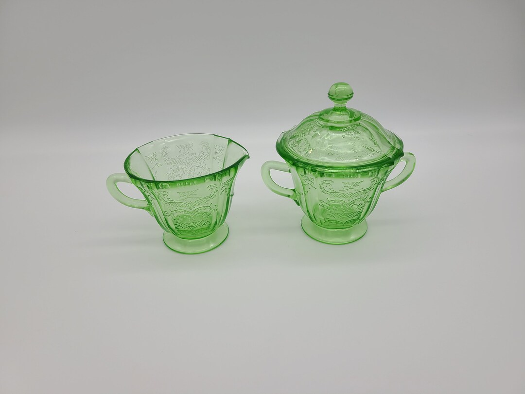 Green Madrid Depression Glass Sugar and Creamer Set With Cover - Etsy