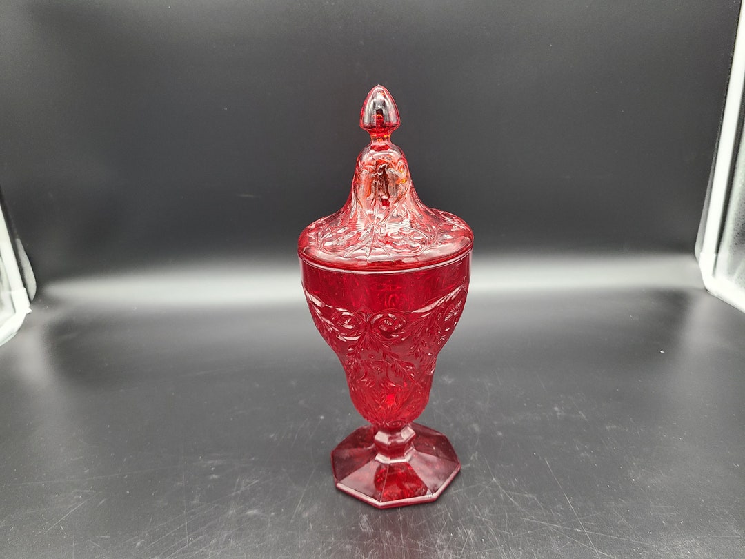 Rock Crystal Flower Depression Glass Ruby Red 10 1/2" Covered Candy ...