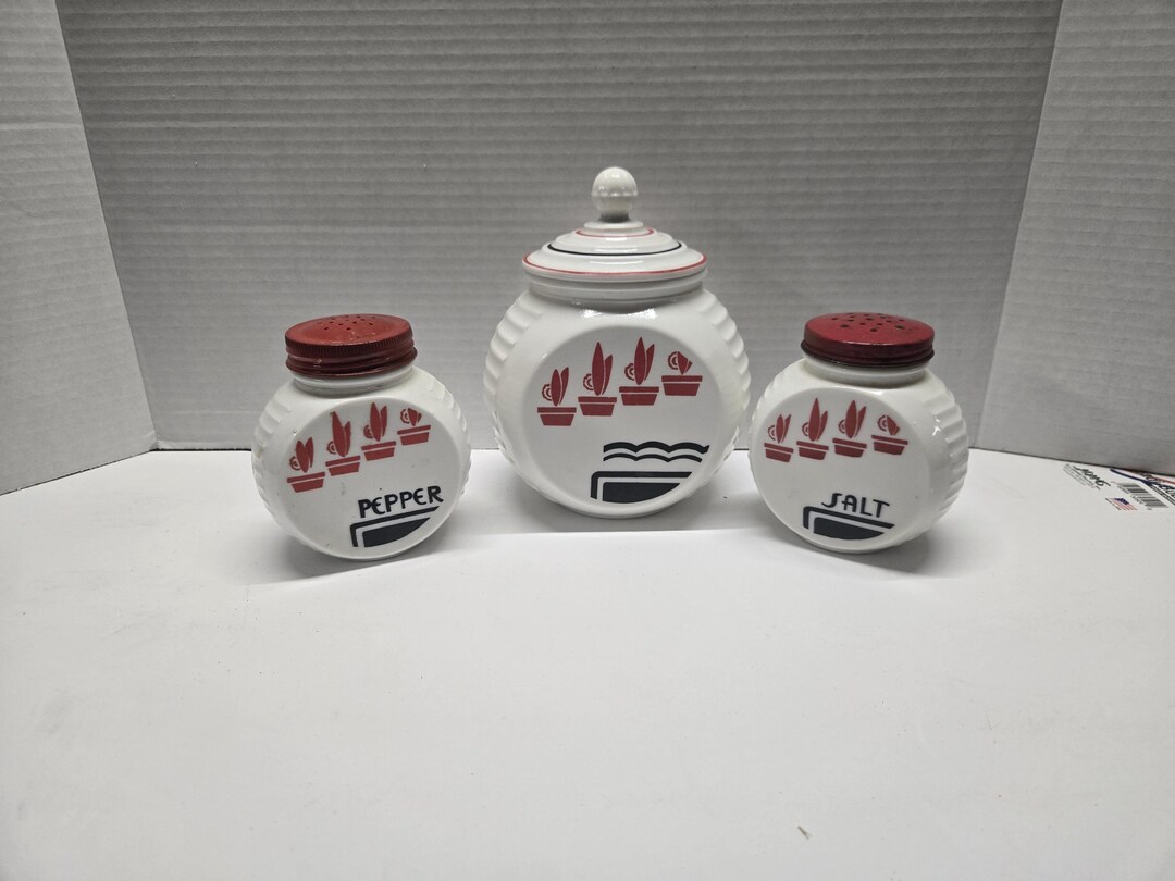 3 Piece Antique Canister Set Salt Pepper With Canister White Red Tulip ...