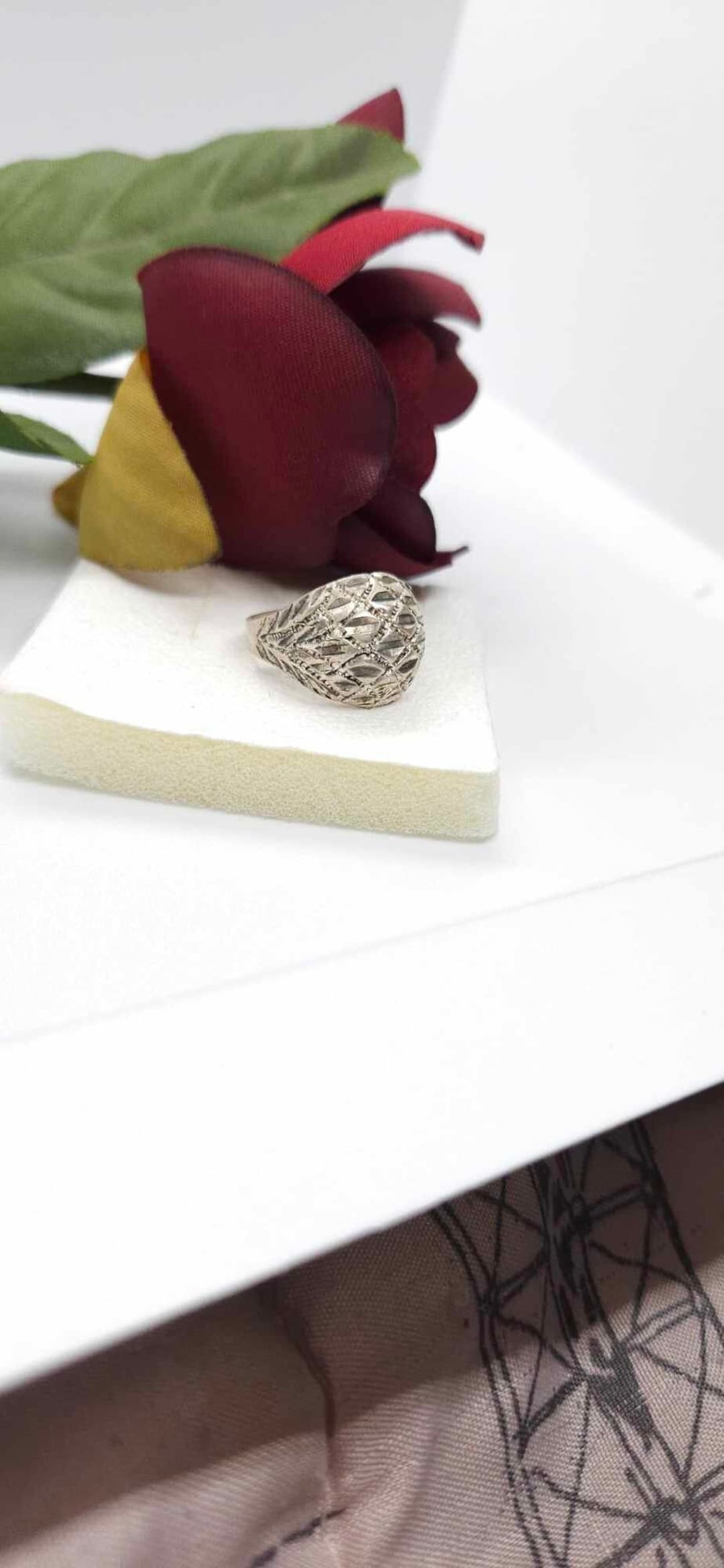 Vintage 925 CG Sterling Silver Textured Domed Ring Faceted Illusion ...