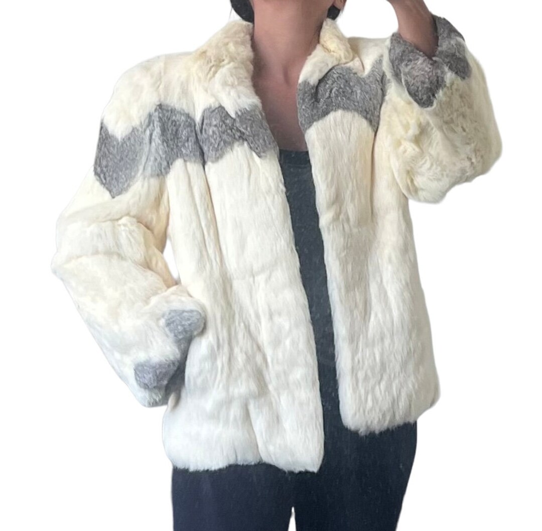 Vintage Rabbit Fur White Chevron Stripe Fur Coat 1990s White Fur Jacket ...