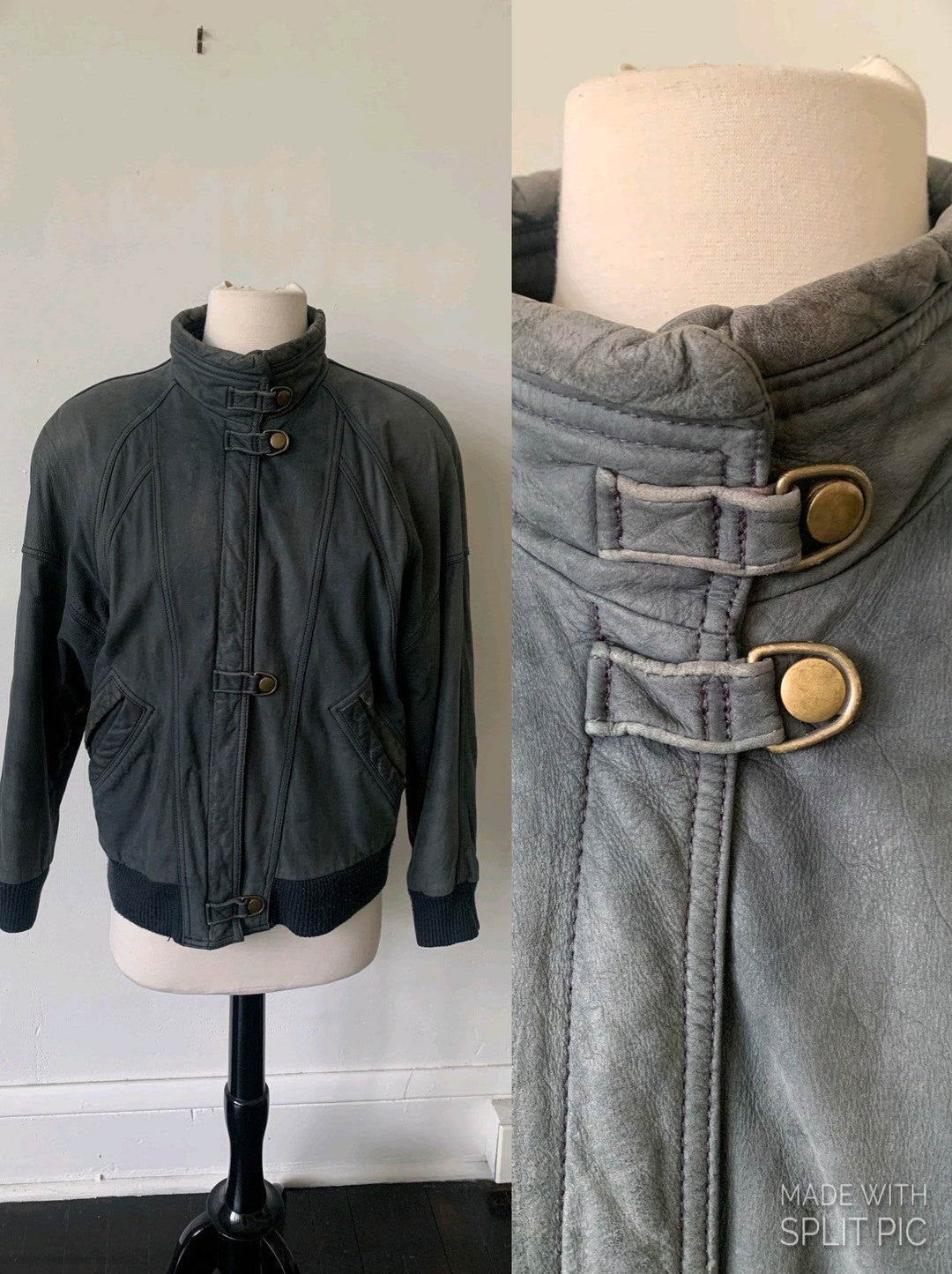 Vintage Leather Bomber Jacket 1980s Faded Blue Gray Leather Vintage Leather Bomber Jacket 1980s Faded Blue Gray Leather