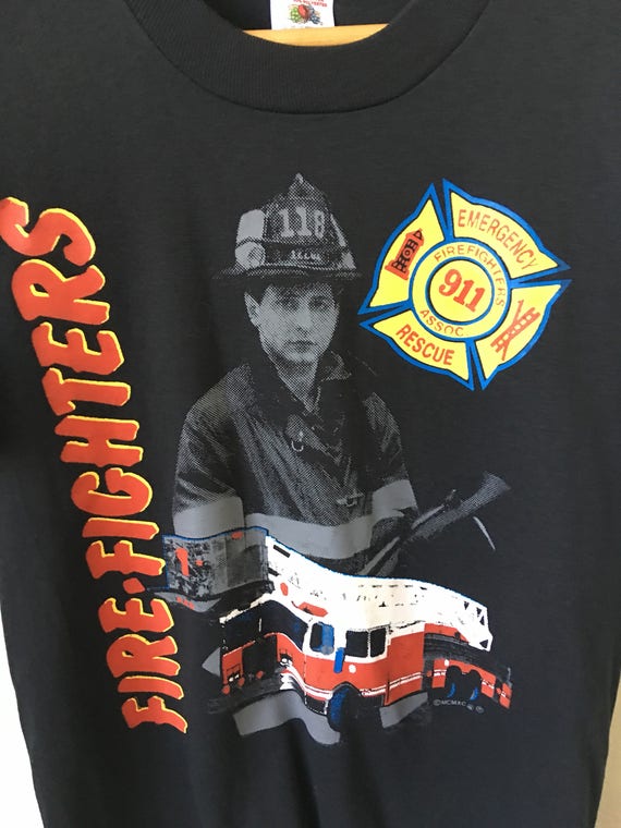 Vintage Firefighters Black T Shirt Vintage 1990's Fir… - Gem