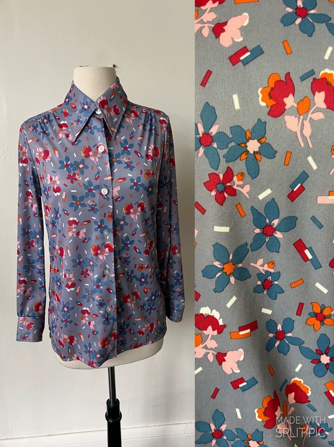 Vintage Butterfly Collar Neon Floral Blouse 1970’s Disco Top 70’s Boho ...