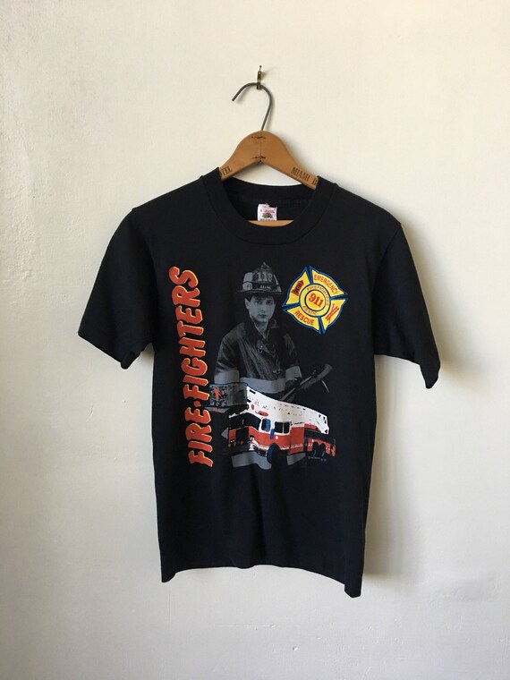 Vintage Firefighters Black T Shirt Vintage 1990's Fir… - Gem