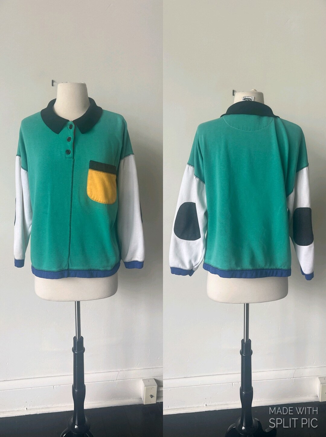 Vintage Color Block Elbow Patch Sweatshirt 1980s Collared Sweatshirt ...