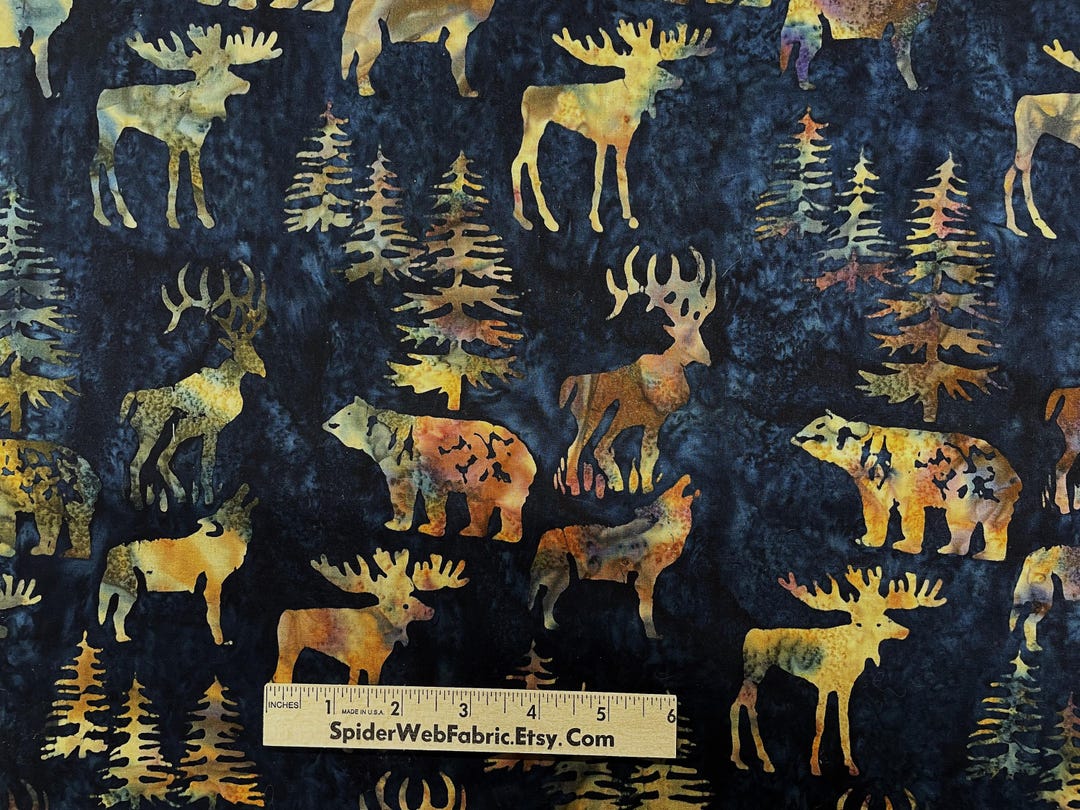 NORTH WOODS Animals BATIK Fabric Woodland Bears Wolves Deer Moose Wolf ...