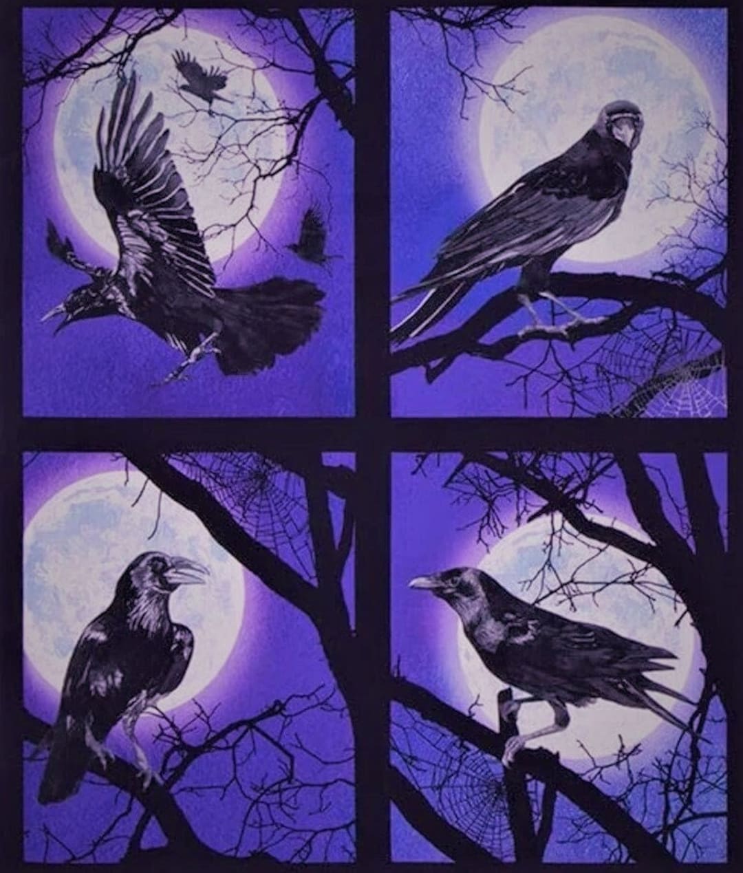 230 PL Raven Moon 4 Squares PANEL Fabric Crows R. Kaufman Moons Purple ...