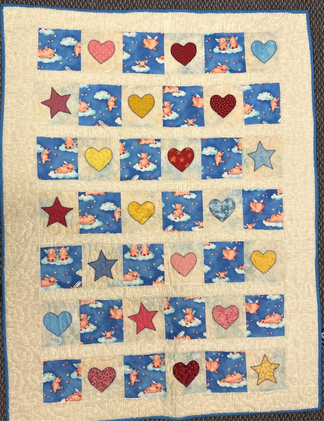 PIG LOVE Baby Quilt - Pigs Hearts Stars Hand Made 100% Cotton Squares ...