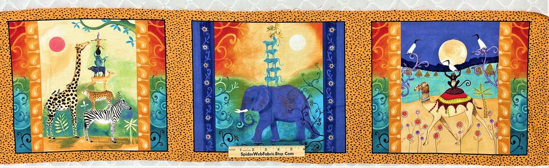 ANIMAL MAGIC Panel Fabric Jungle Animals Elephant Giraffe Monkey Camel ...