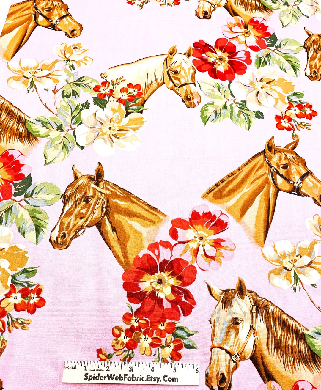 Blossom Stables Horse Head Fabric: Ranch Rodeo Print, Light Pink Cotton ...