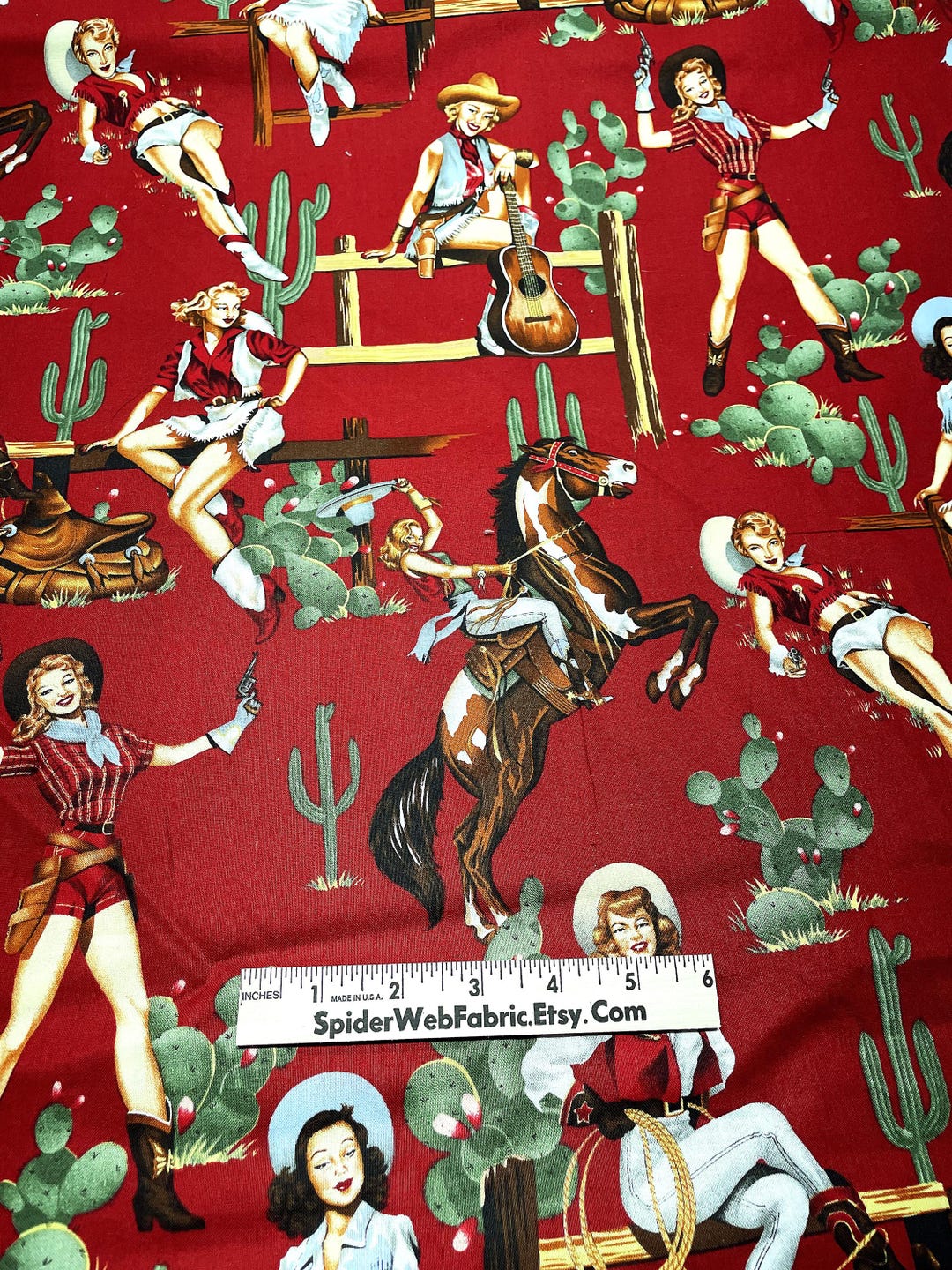 WESTERN COWGIRLS Fabric Pinup Ladies Women Horses Cactus Cacti on Deep ...
