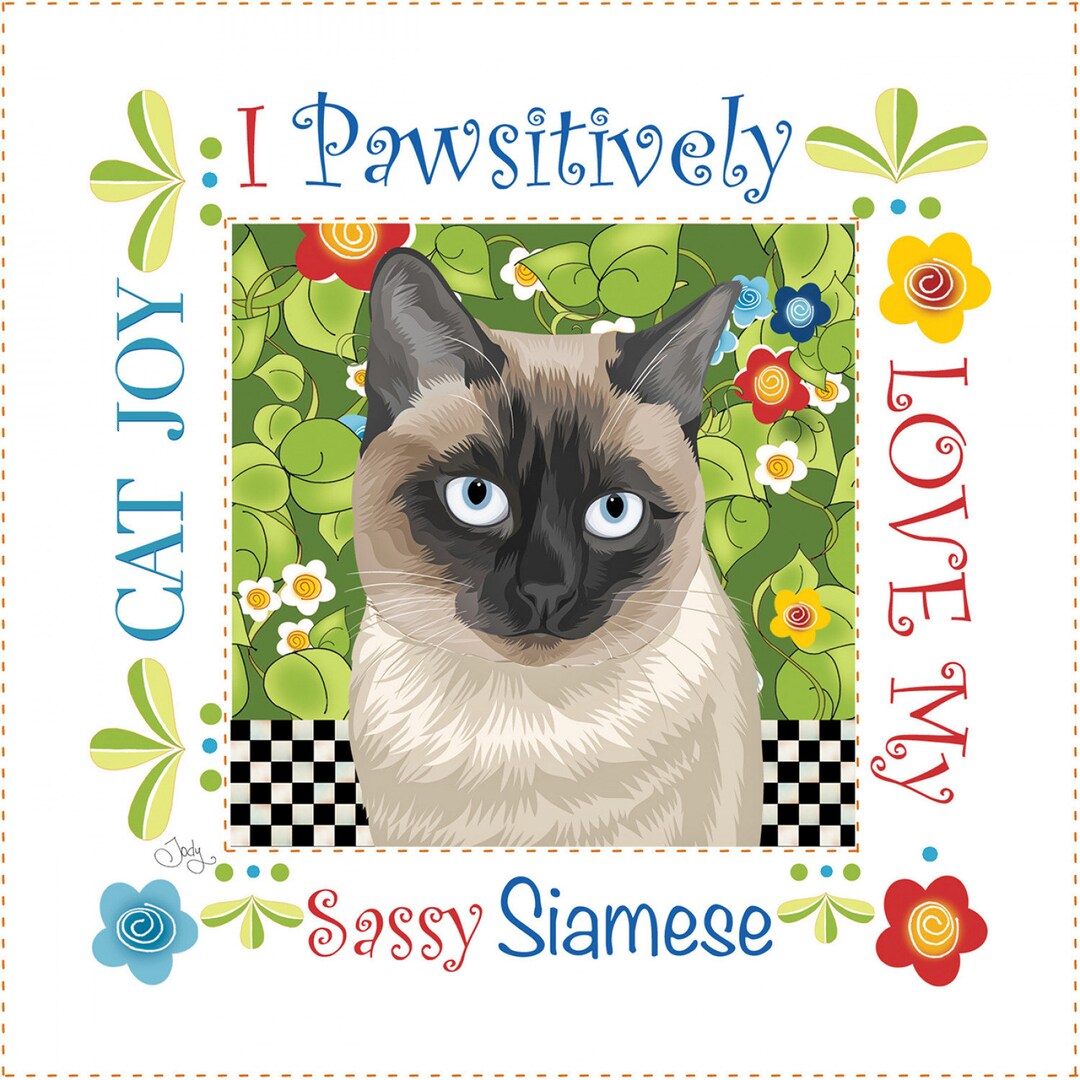 SASSY SIAMESE CAT Art Panel Fabric - 6 Inch Square - Quilt Block ...