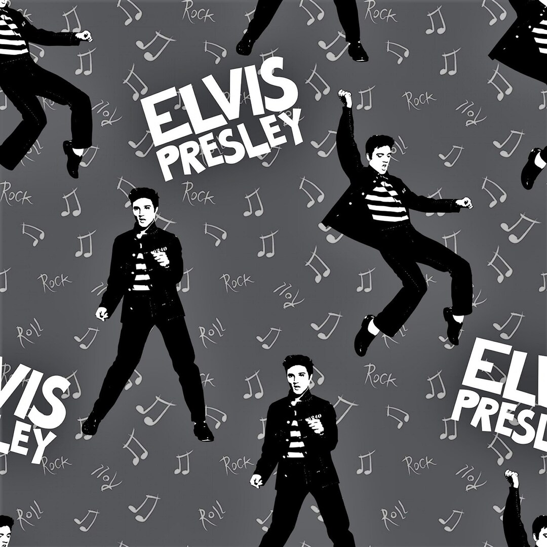 ELVIS KING of ROCK Fabric Grey Black White Elvis Presley Musical Notes ...