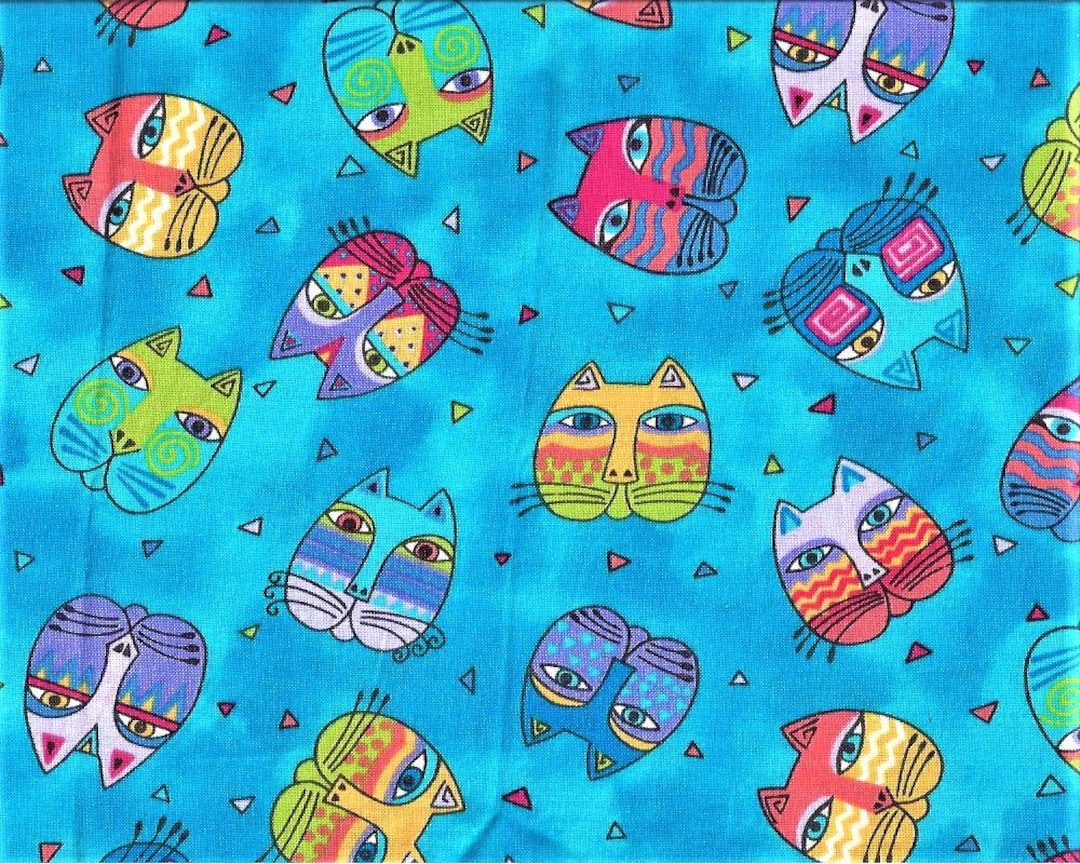 Rare! FANTASTIC FELINES Cat Fabric Laurel Burch Tossed Cat Heads Faces ...