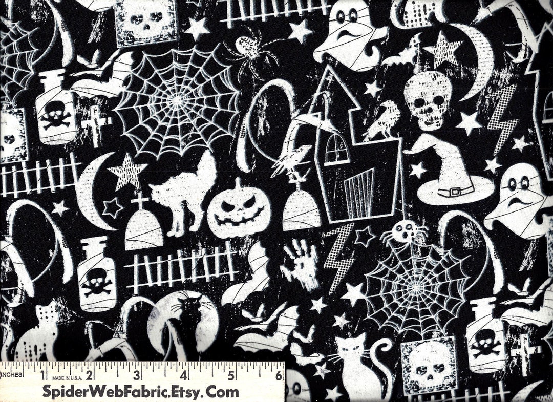 Glow in the Dark Halloween Fabric: Goblins, Ghosts, Black Cats - Quilt ...