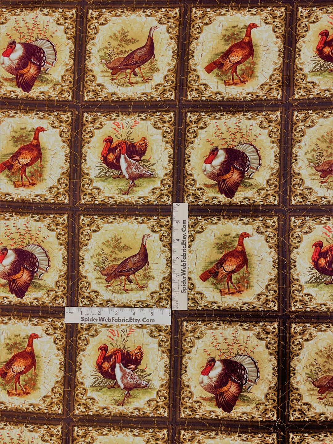 Turkey Run Squares Thanksgiving Fabric Wild Turkeys Birds Autumn ...