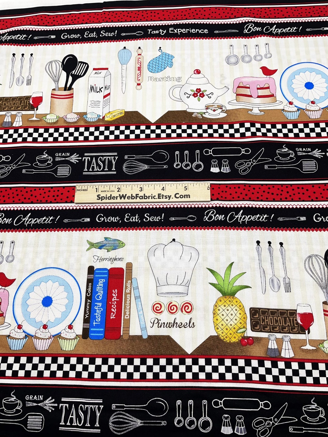 Bon Appetit KITCHEN BORDER STRIPE Fabric Baking Cooking Utensils ...