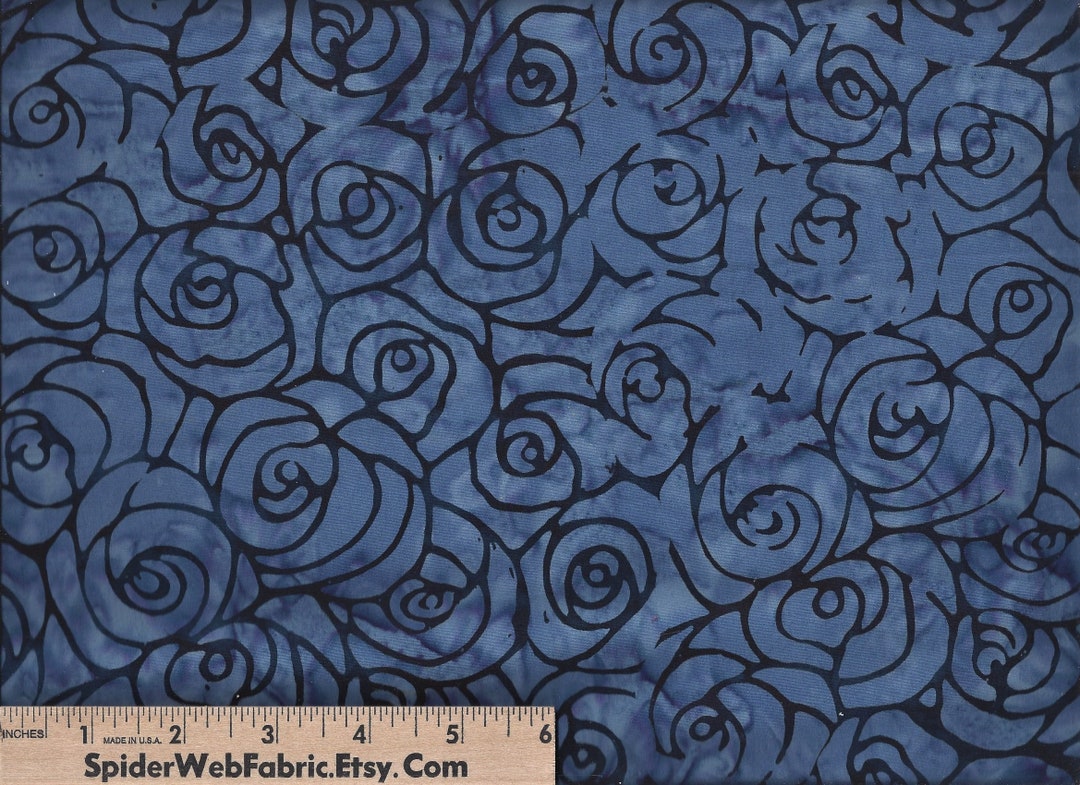 BLUE ROSES BATIK Fabric by Island Batiks Marbled Blue Bkgrd W/ Black Rose Outlines Images ...