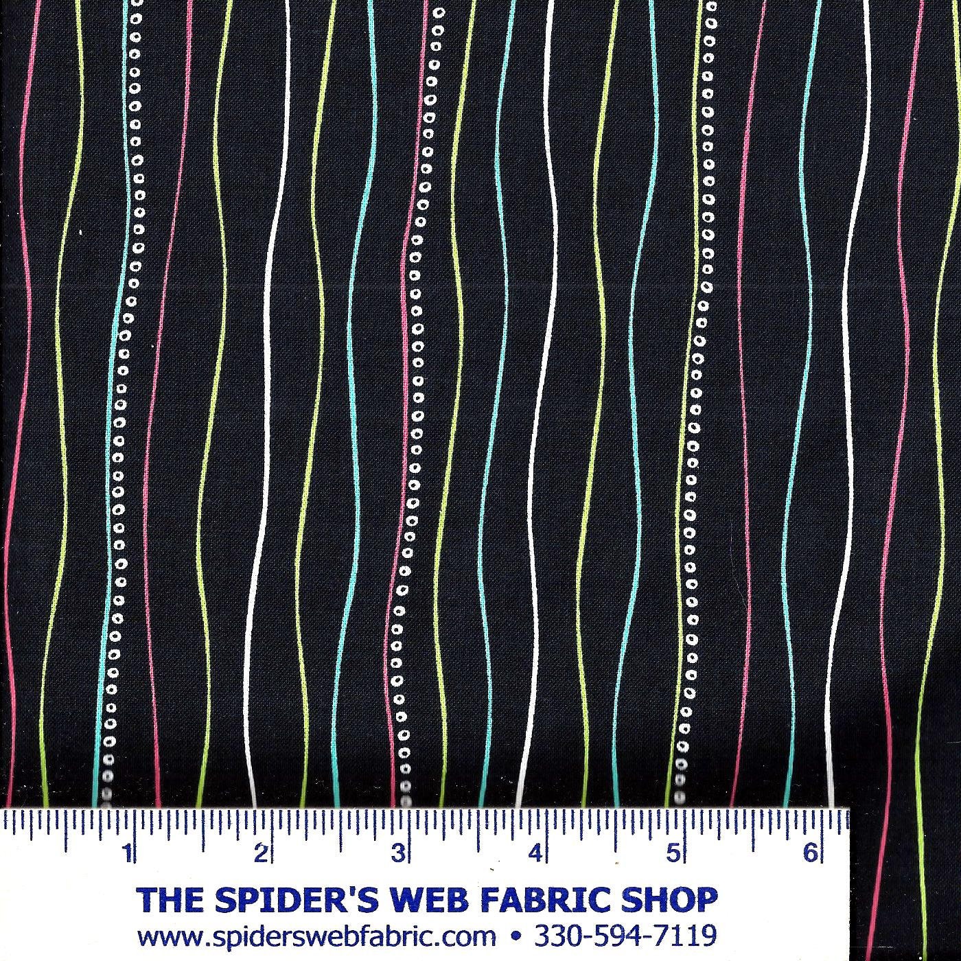 STRING ME ALONG Fabric - Wavy Lines on Black - Wires - Hair - Border ...