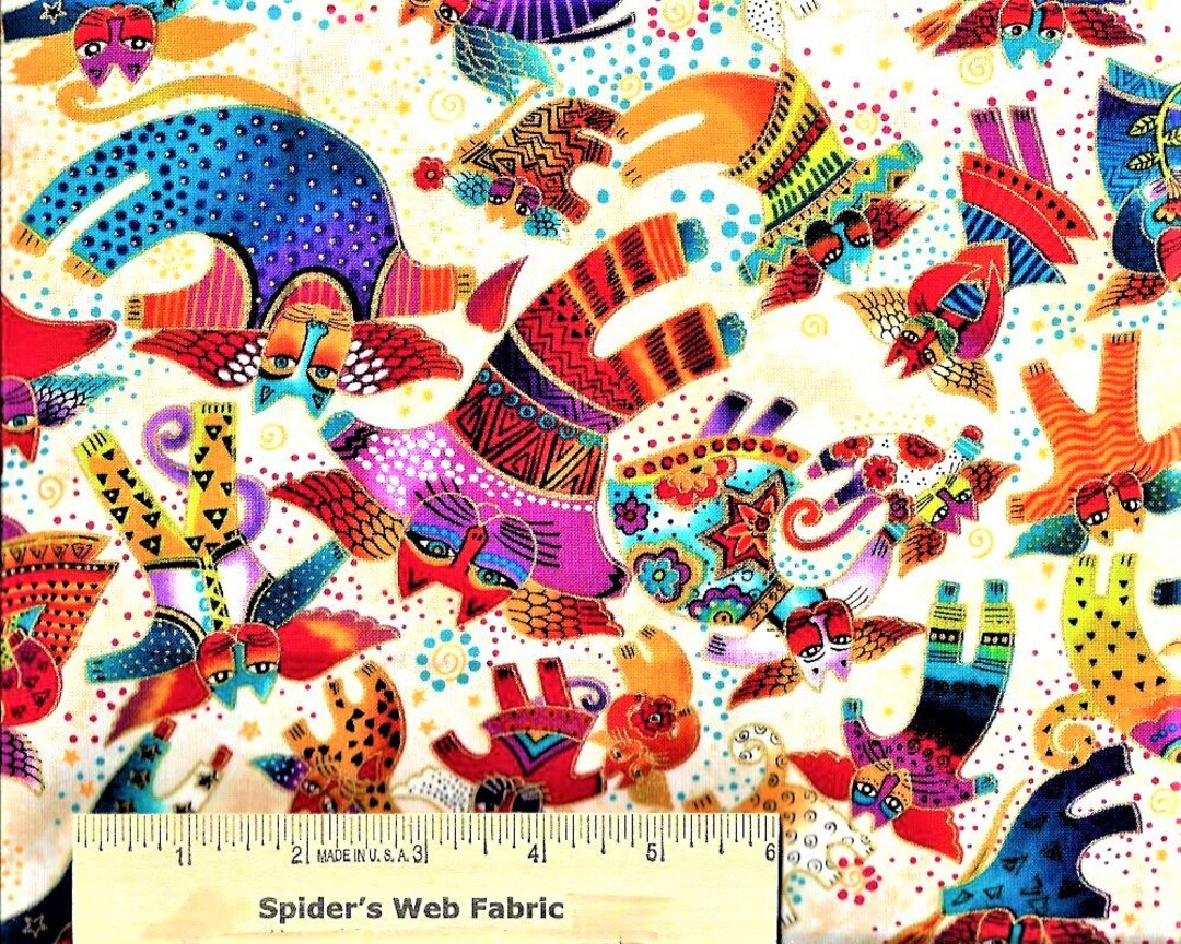 RARE! FANTASTIC FELINES Cat Fabric Laurel Burch Tossed Angel Cats W ...