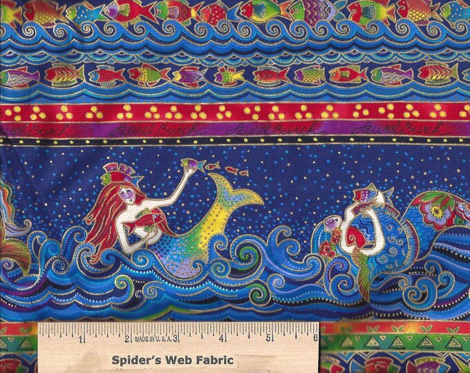Rare! Laurel Burch SEA SPIRITS Border Stripe Fabric -MERMAIDS Fish Sea ...