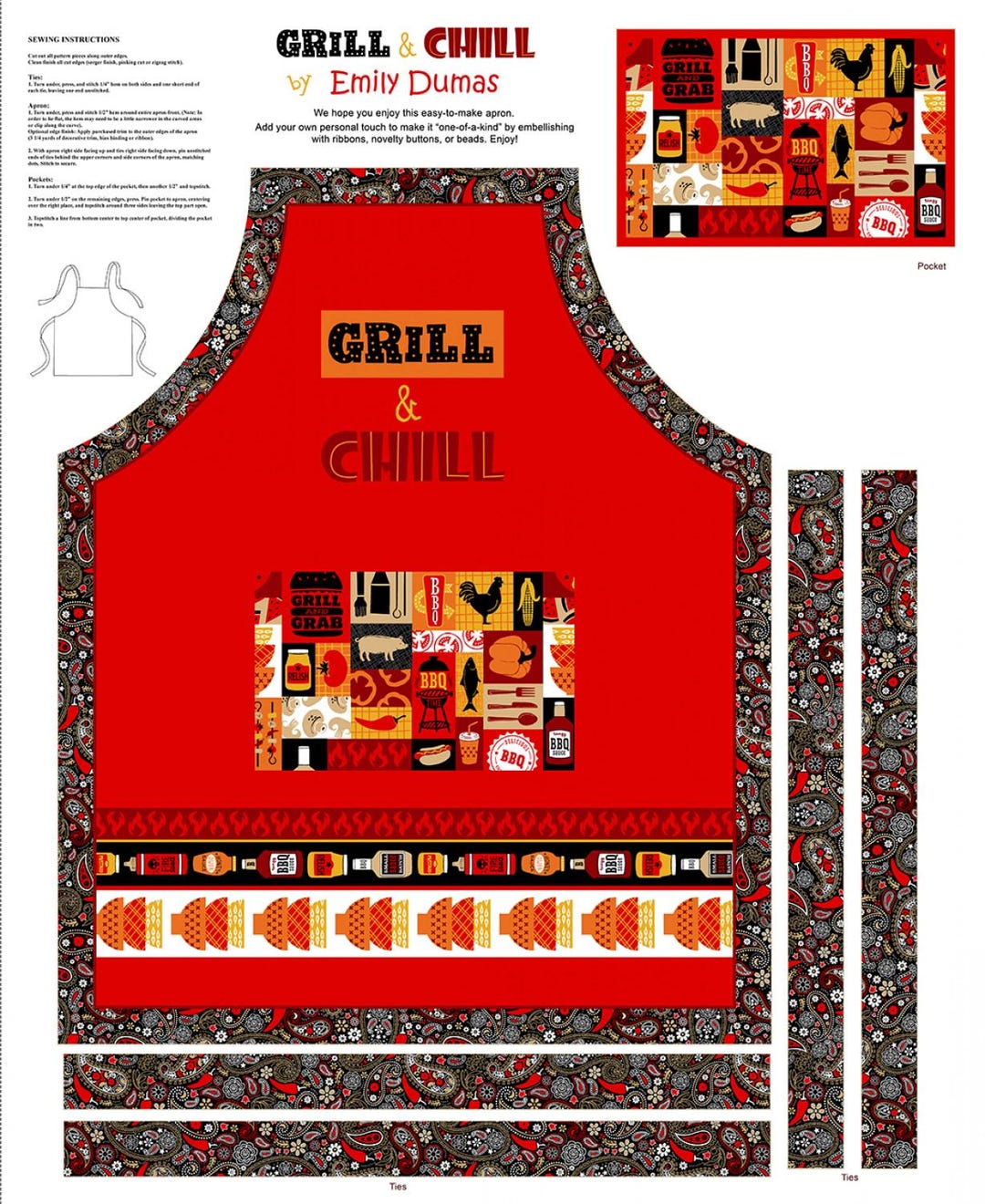 GRILL & CHILL Apron Panel Fabric Summer Cookout Grill Master Kitchen ...